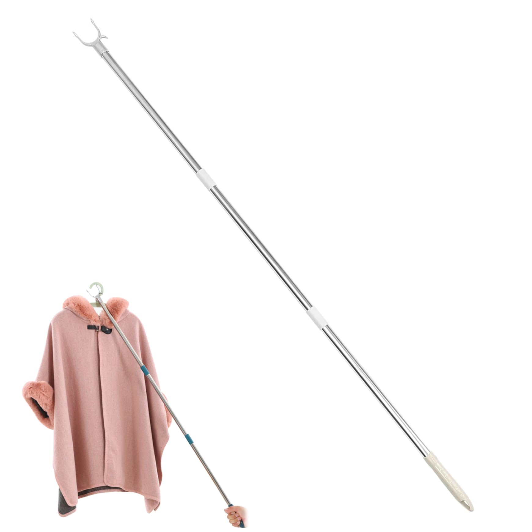 Clothesline Pole 51 Inch Telescoping Pole with Hook Stainless Steel Long Reach Closet Pole with Hook & Non-slip Handle for Ceiling, Shelf Clothes Line Pole Clothing Hanger Telescopic Rod