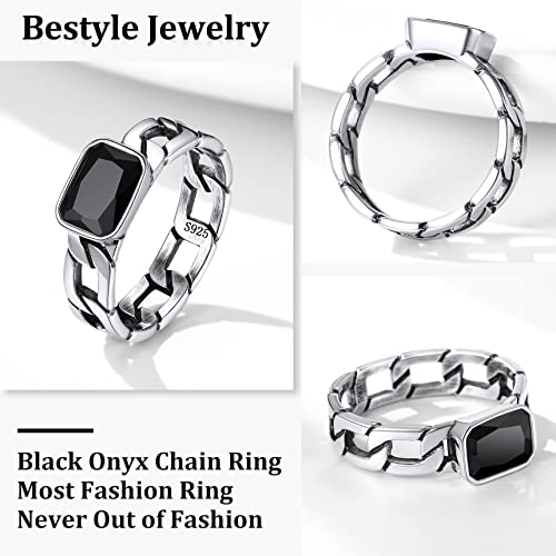 Bestyle Silver Black Onyx Ring - Sterling Silver Band Ring Index Middle Finger Stacking Doom Ring, Cuban Link Chain Band Ring with Black Crystal, Great Birthday Gift for Her, Size 8