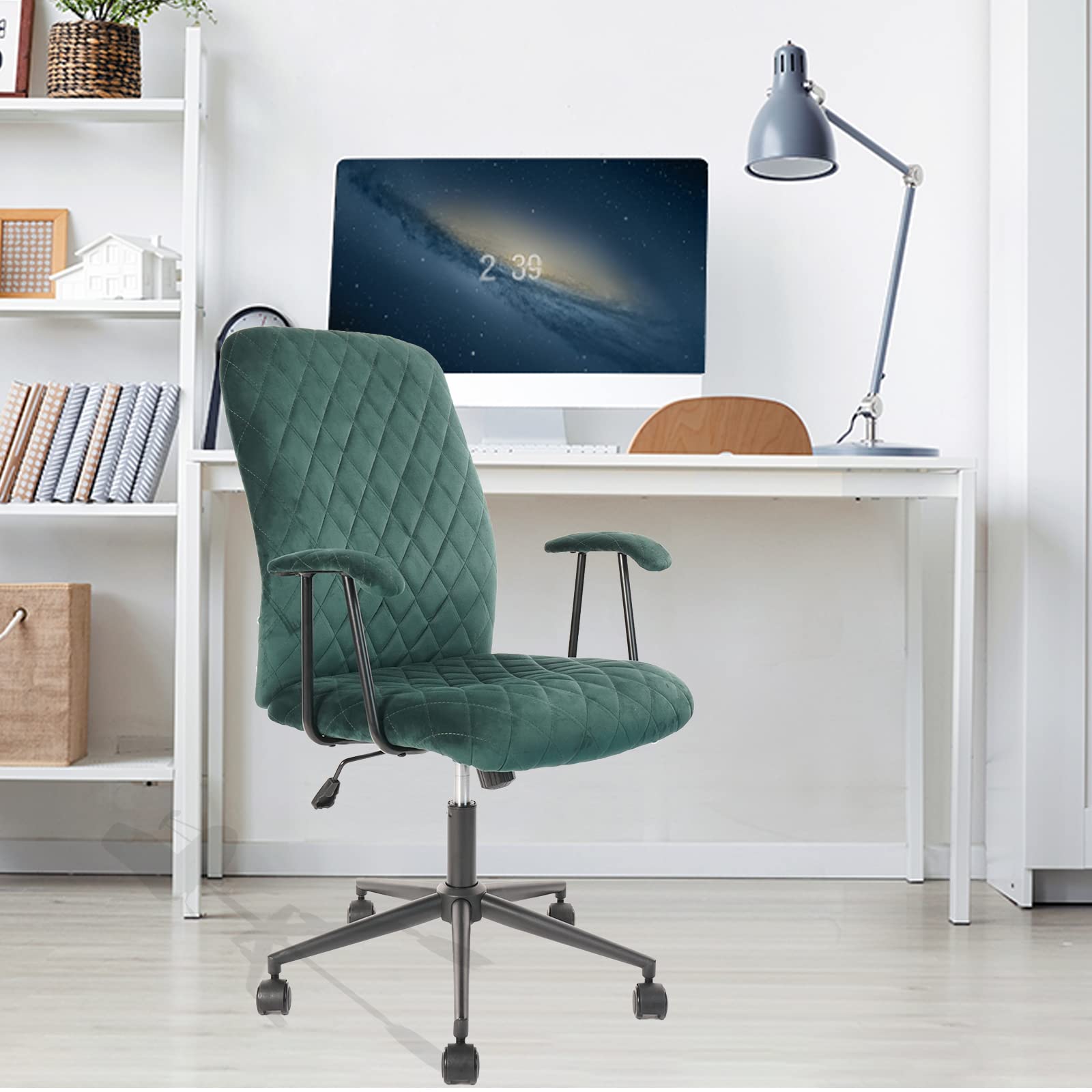 KLASIKA Dark Green Home Office Chair, Vintage Upholstered Adjustable Swivel Arm Chair with Lumbar Support Wheels, Mid-Back Leisure Velvet Vanity Task Chair 4 Pack