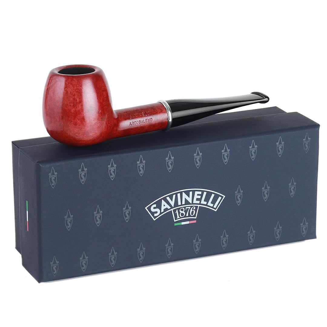 Arcobaleno Red Savinelli Tobacco Pipe - Naturally Stained & Handmade Tobacco Pipe From Italy, Colorful Straight Stem Pipe, Briar Wood Tobacco Pipe (Red, 207)