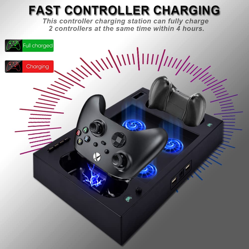 arVin Cooling Fan for Xbox Series X Console Vertical Cooling Stand with 4 High Speed Cooler Fan, Dual Controller Charging Station, 2x1400mAh Rechargeable Battery Pack, Headset Stand & 4 Type C Adapter