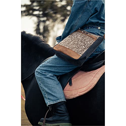 ANNGOTI Canvas & Cowhide Shoulder Bag for Women, Vintage Style with Genuine Leather, Handmade Print Crossbody Bag with Zipper Top & Adjustable Strap