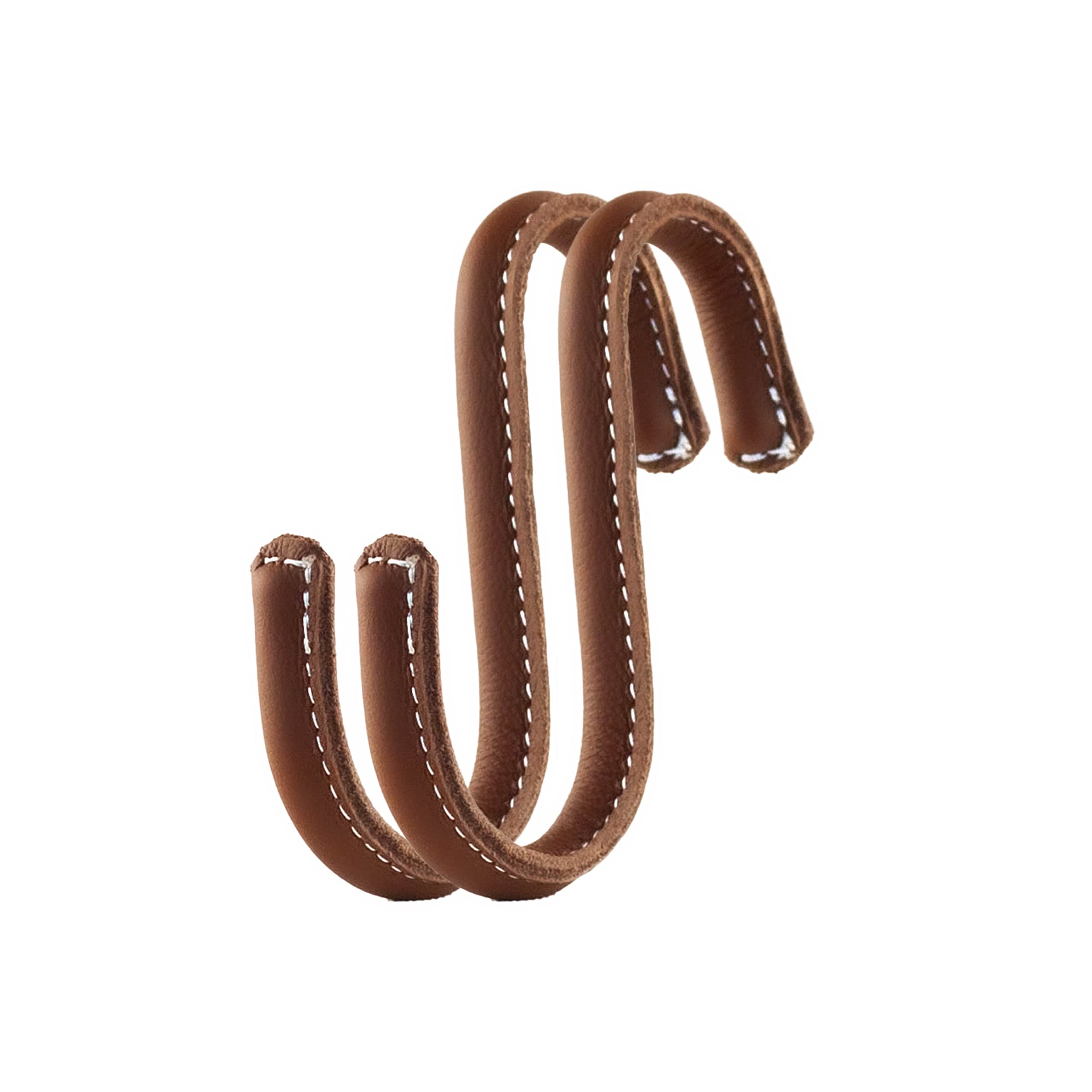 Brute Strength - S Shaped Hooks Wrapped in Full Grain Leather - 6 pcs - Cognac - Stainless Steel Metal Hangers Hanging Hooks for Kitchen - Leather Hooks - Leather s Hooks