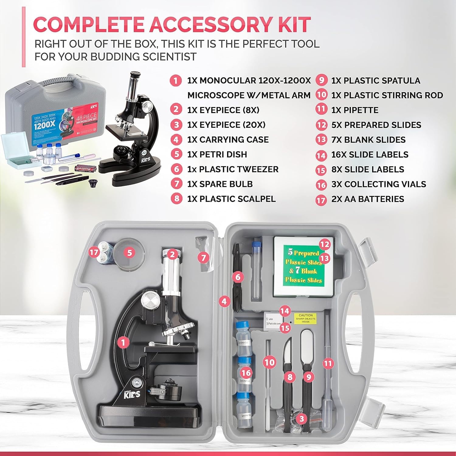 AmScope M30-ABS-KT1-WM 120X-240X-300X-480X-600X-1200X Educational Metal Arm Kids Compound Microscope Kit + Book