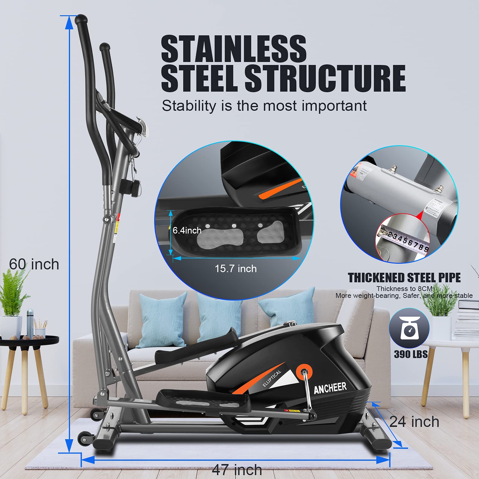 ANCHEER Elliptical Machine, Quiet & Smooth Driven Magnetic Elliptical Cross Trainer Machine with 10 Levels Resistance and 18lb Flywheel, Best Elliptical Exercise Machine for Home Gym Workout TP07