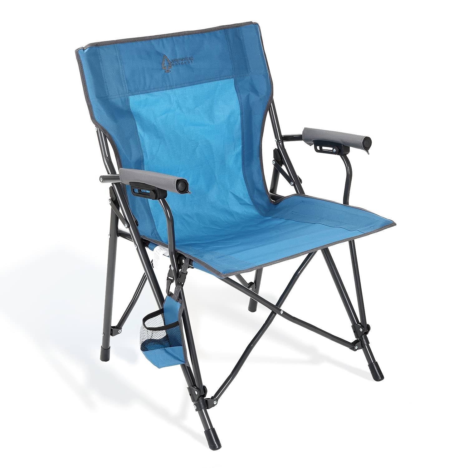 ARROWHEAD OUTDOOR Portable Solid Hard-Arm High-Back Folding Camping Quad Chair, Heavy-Duty Carrying Bag, Cup Holder Included w/Side Pouch, Supports up to 300lbs, USA-Based Support (Blue)