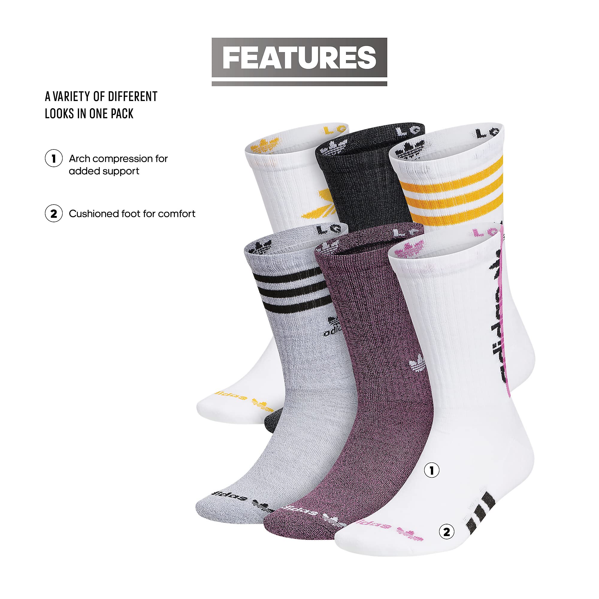 adidas Originals Remix Cushioned Crew Socks (6-Pair), White/Semi Pulse Lilac Purple/Collegiate Gold, Large