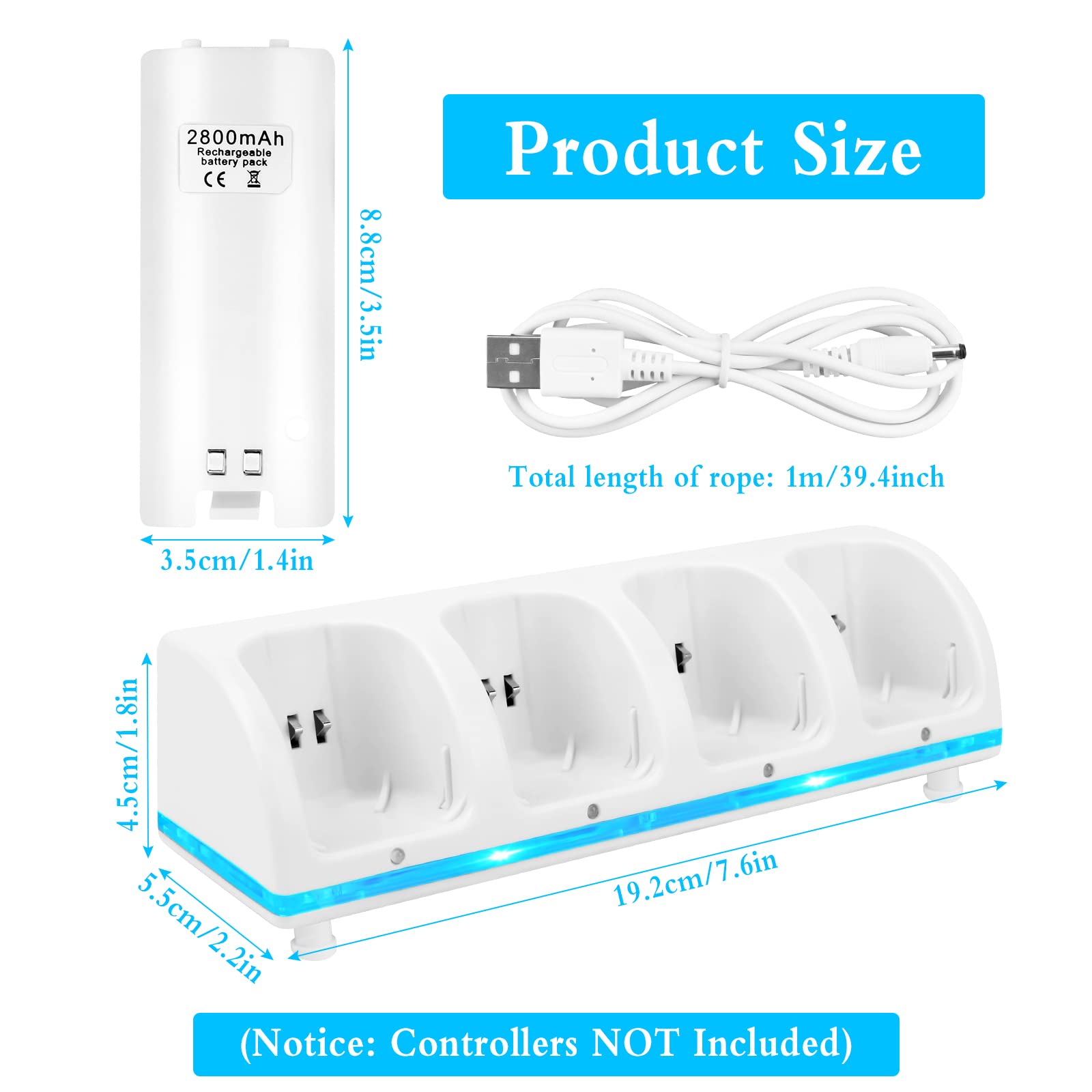 Kulannder Wii Remote Charging Station, 4-in-1 Controller Charger Station with 4 Wii Rechargeable Battery Pack & USB Cable for Wii/Wii U Controller Remote (White)