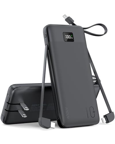 ANOUV Portable Charger with Built-in Cables&AC Wall Plug,10000mAh Power Bank,PD 22.5W USB-C Fast Charging External Battery Pack with LED Display Compatible with iPhones and All Smart Device(1 Pack)