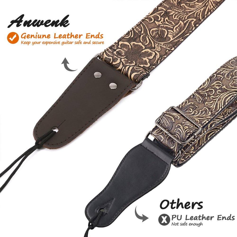 Anwenk Guitar Strap, Stamped Leather Guitar Strap PU Leather Western Vintage 60's Retro Guitar Strap with Genuine Leather Ends for Electric Bass Guitar, with Tie,Include 2 Picks,Bronze