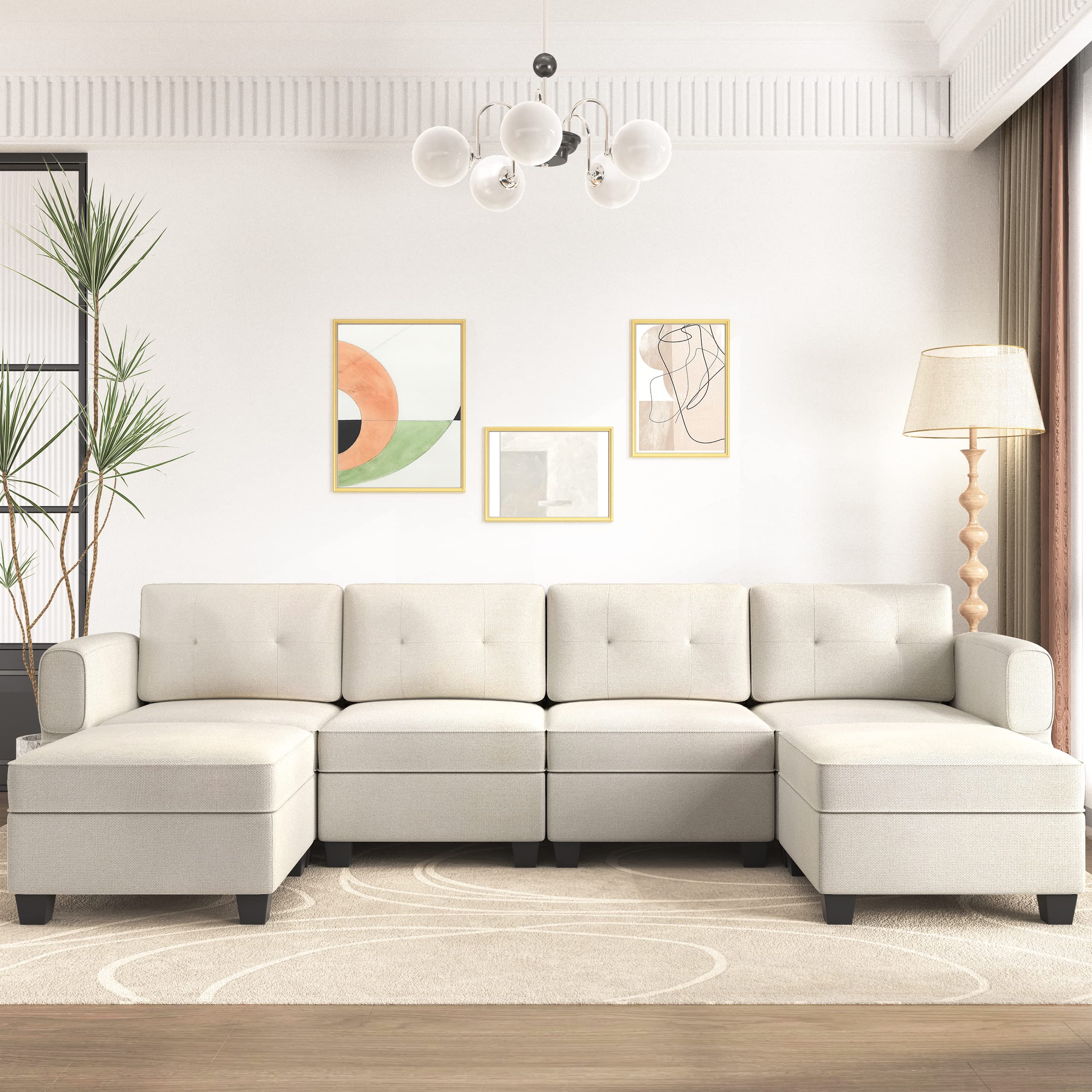 AYEASY Sofa Couch, Modular Sectional U Shaped Sofa Couch with Storage Ottoman Convertible Sectional Couches for Living Room, High Supportive 6 Seats Reversible Sectionals 113'' with Chaise, Beige