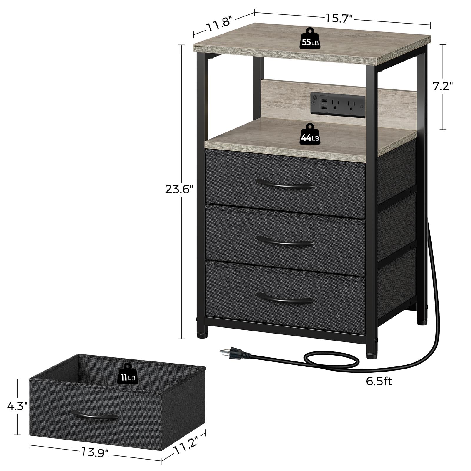 Seventable Nightstand with Charging Station and LED Light, Set of 2 Side Table with 3 Fabric Drawers, Bedside End Table with USB Ports and Outlets, Night Stand for Bedroom, Greige