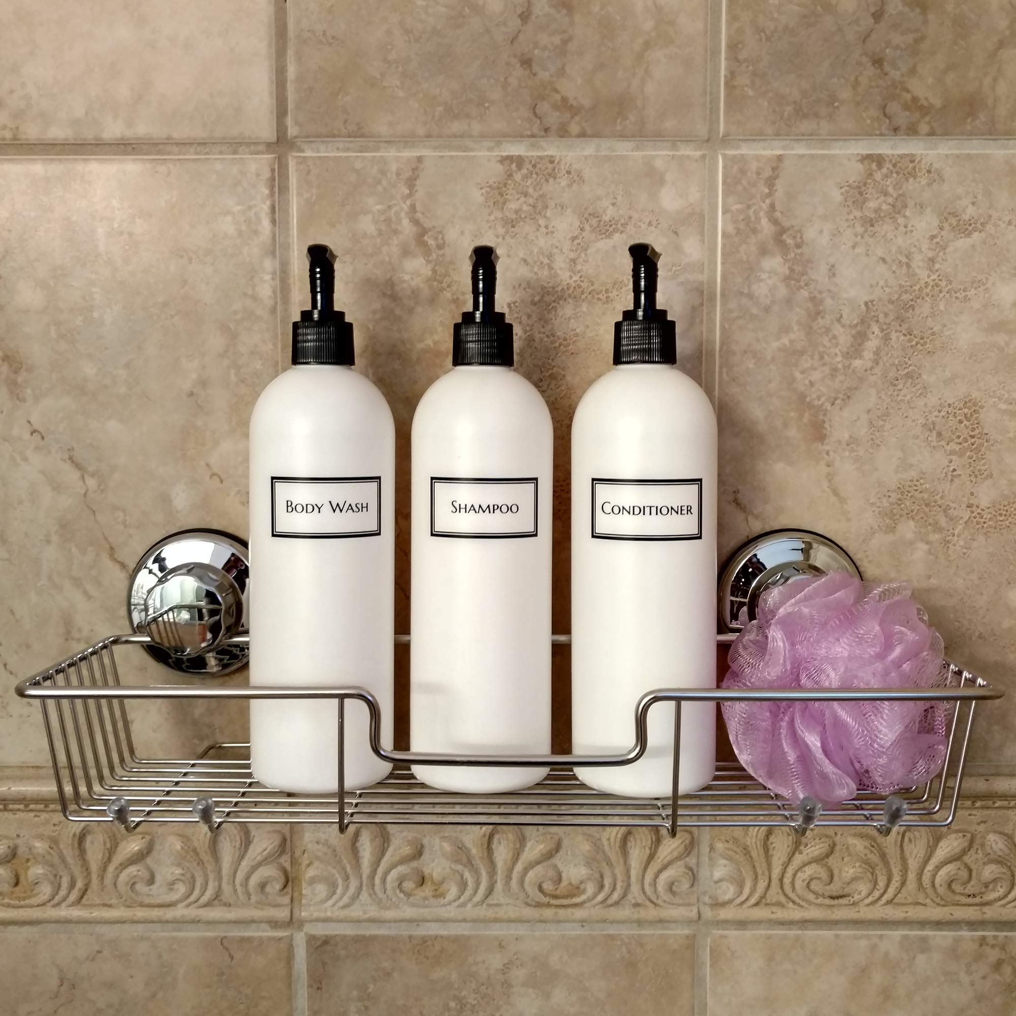 Artanis Home Silkscreened Empty Shower Bottle Set for Shampoo, Conditioner, and Body Wash, Cosmo/Bullet 16 oz 3-pack, White (Black Pumps)