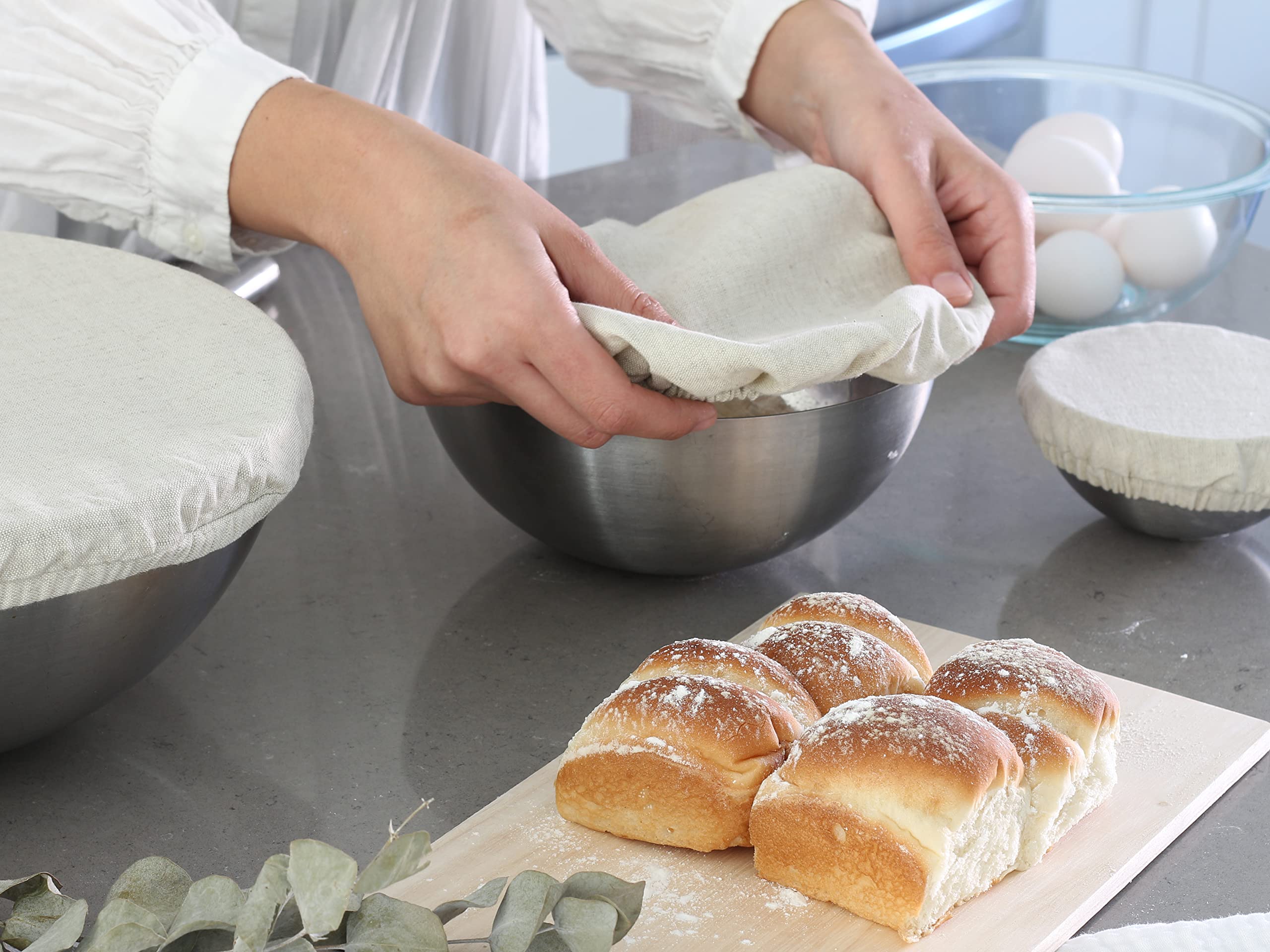 Reusable Fabric Bowl Covers for Bread Proofing - 4 Pieces, Washable and All-Natural 100% Cotton Cloth Bowl Covers for Bread Rising - Elastic Closure Fits Multiple Bowl Sizes (Off-White)