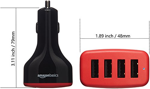 Amazon Basics 48W Four-Port USB-A Car Charger for Phones (iPhone 15/14/13/12/11/X, Samsung, and more), non-PPS, Black/Red