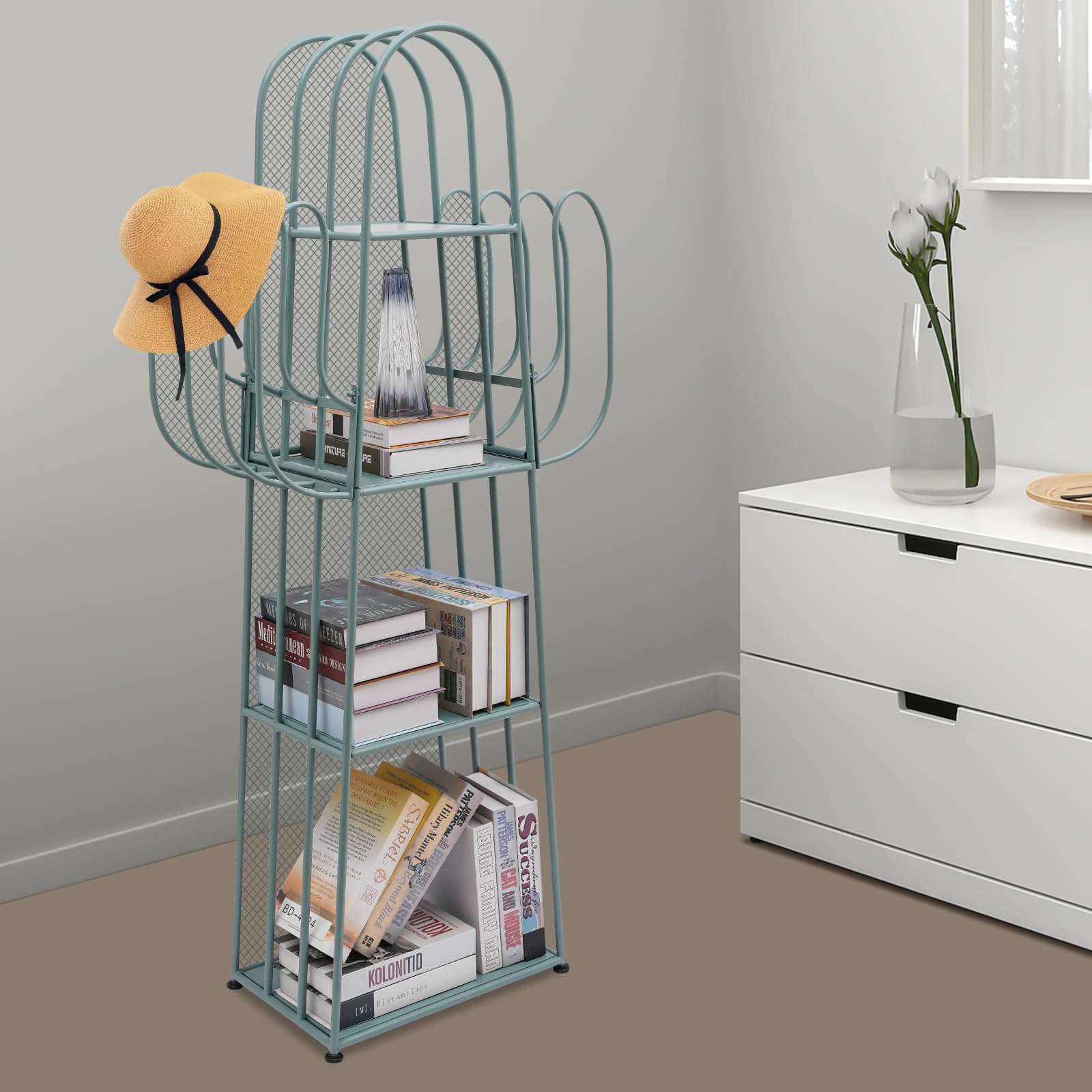 Cactus Bookshelf, 4 Tier Freestanding Cactus Shape Metal Hollow-Out Bookshelfs, Creative Book Storage Shelf Organizer for Small Space Green Cactus Bookcase for Home Living Room Bedroom (Green)
