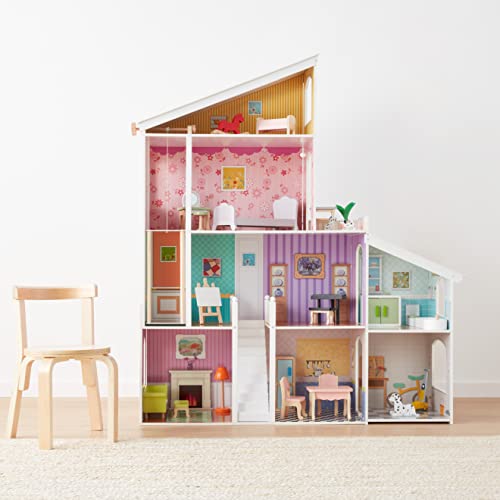 Amazon Basics 4-Story Wooden Dollhouse with Furniture Accessories for 12-Inch Dolls, 52x14x55''