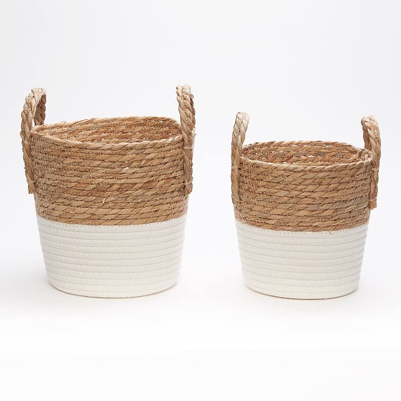 Woven Seagrass Storage Baskets with Carrying Handles - Set of 2