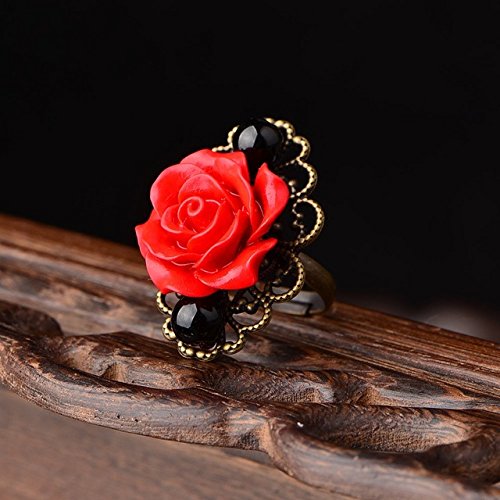 Antique bronze Colored Black Onyx agate With Big Red Rose Flower Women Open Band Ring,Adjustable