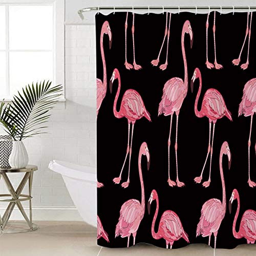 ANNAMALL Shower Curtains,Watercolor Pink Flamingo Pattern Black Background Cloth Shower Curtain for Bathroom,Shower Curtain Set with Curtain Hooks 48"x72"