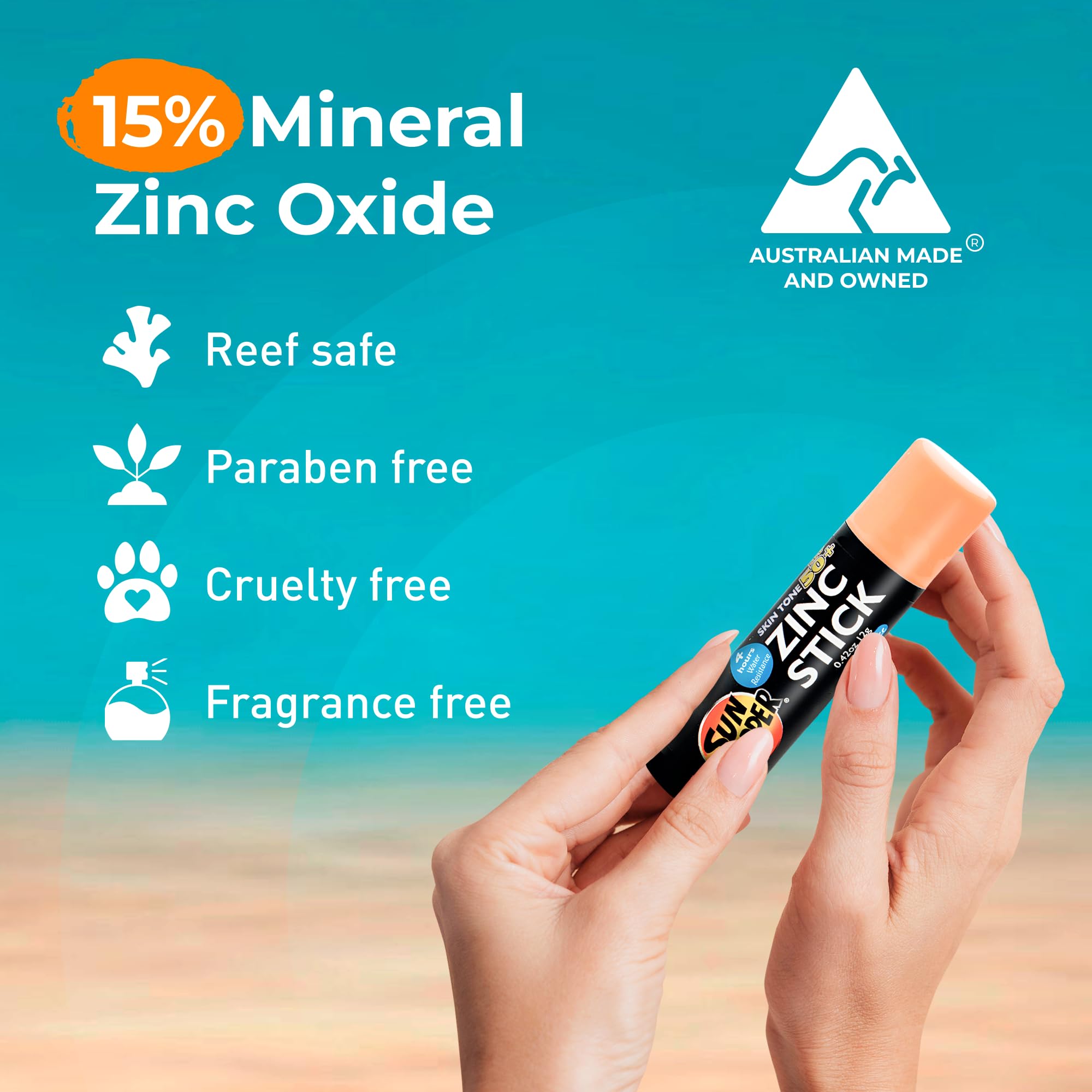 Sun Zapper Zinc Oxide Mineral Sunscreen Stick – SPF 50+ Water Resistant – Light Skin Tone (Bronze/Tan) – 12g (0.42 Oz) – For Face & Body – Adults & Kids – Made in Australia