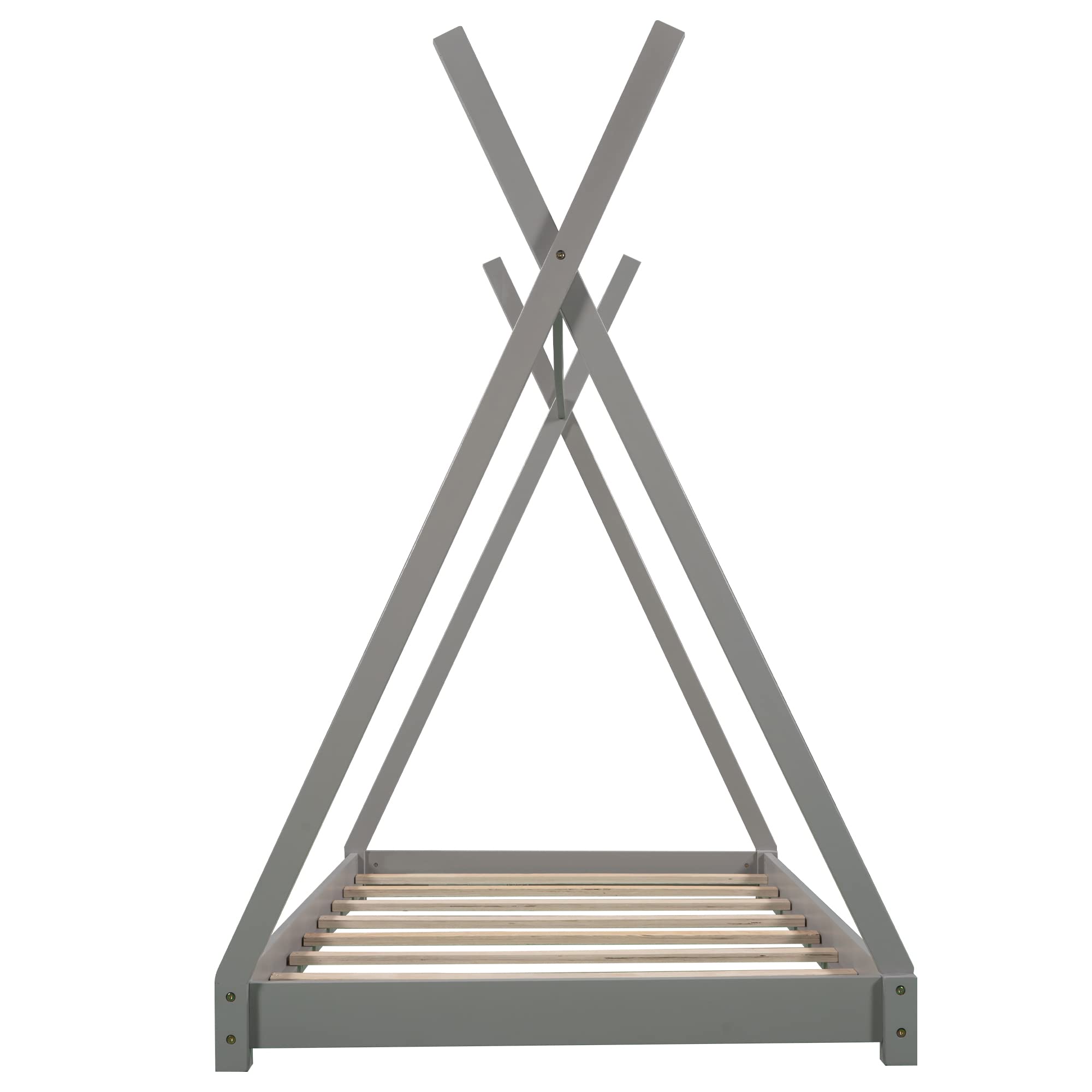 Twin House Bed, Floor Bed, Tent Bed, Wood Platform Bed Frame with Roof for Toddlers Kids Boys Girls Teens, No Box Spring Needed β Gray