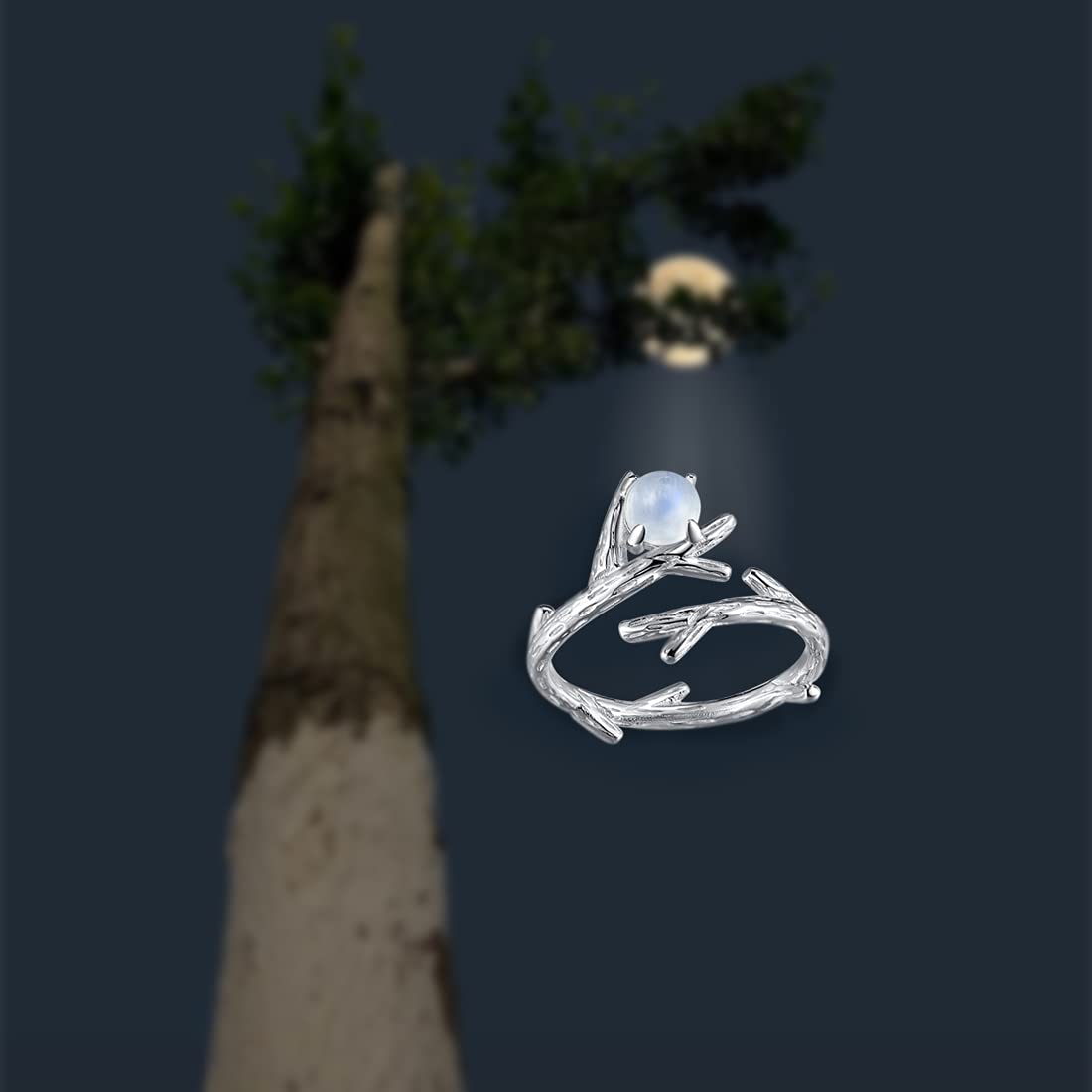 Angol Moonstone Rings Sterling Silver Adjustable Genuine Moonstone Ring with Irregular Branches for Birthday Anniversary Weeding Engagement for Women