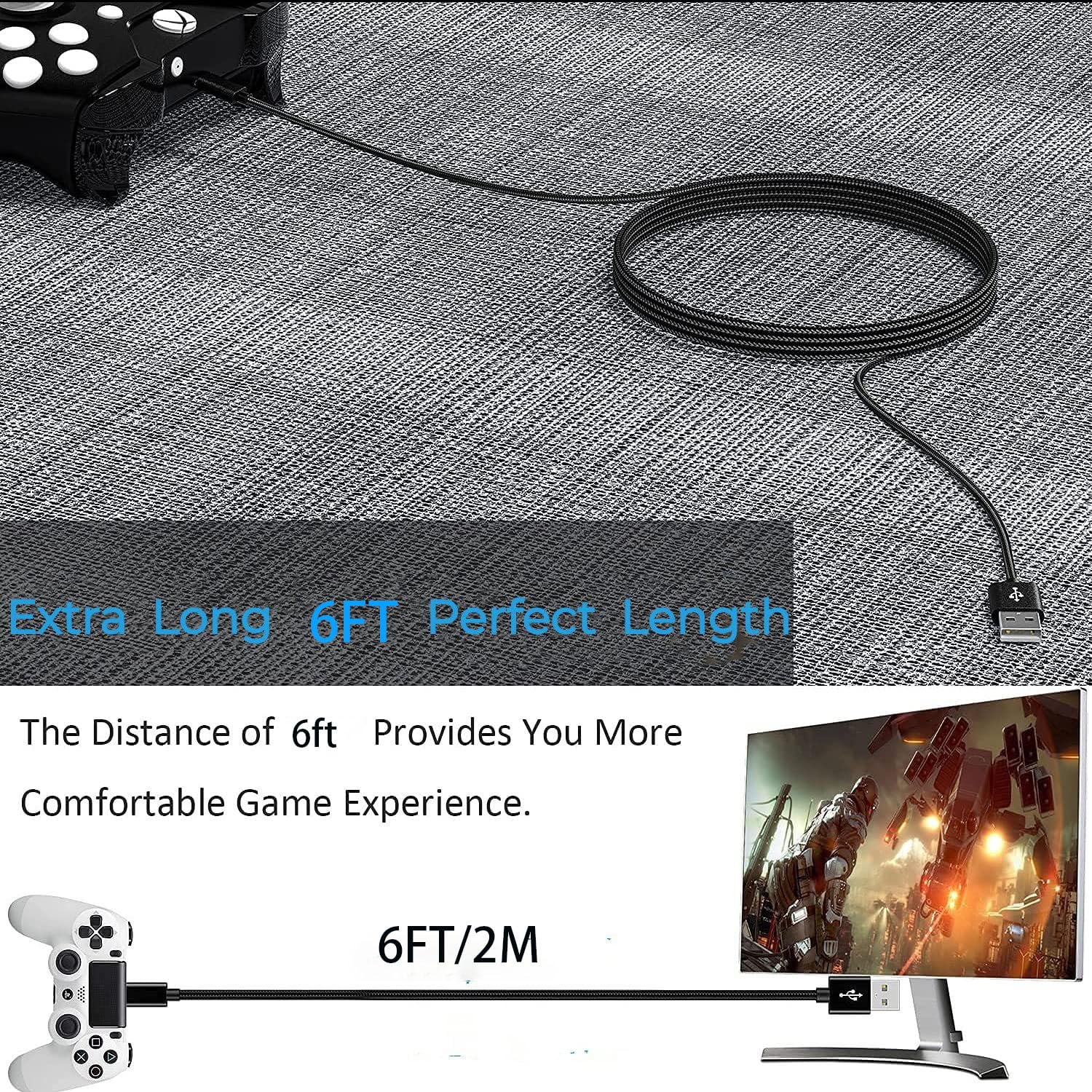 AOSOK PS4 Controller Charger Cable 10FT, 2Pack Braided PS4 Charger - Extra Long Micro USB Fast Charging Cord for Playstation 4, PS4 Slim/Pro, Xbox One S/X Controller, Android Phones