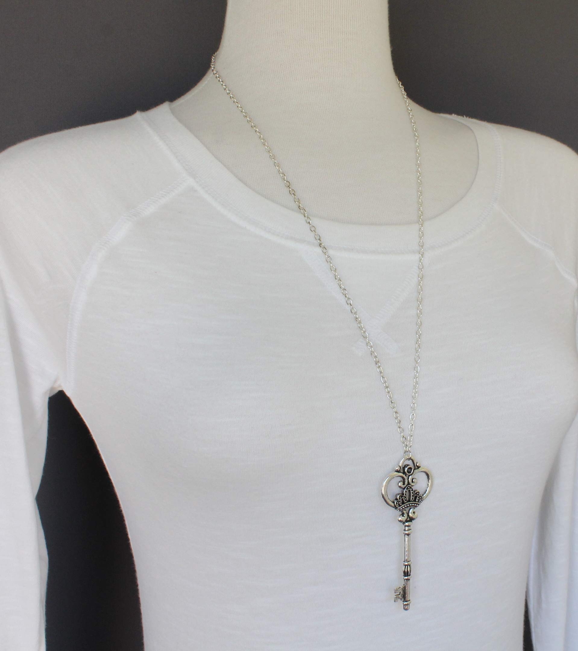 Antiqued womens Silver key necklace 27 long necklace chain skeleton key pendant silver chain