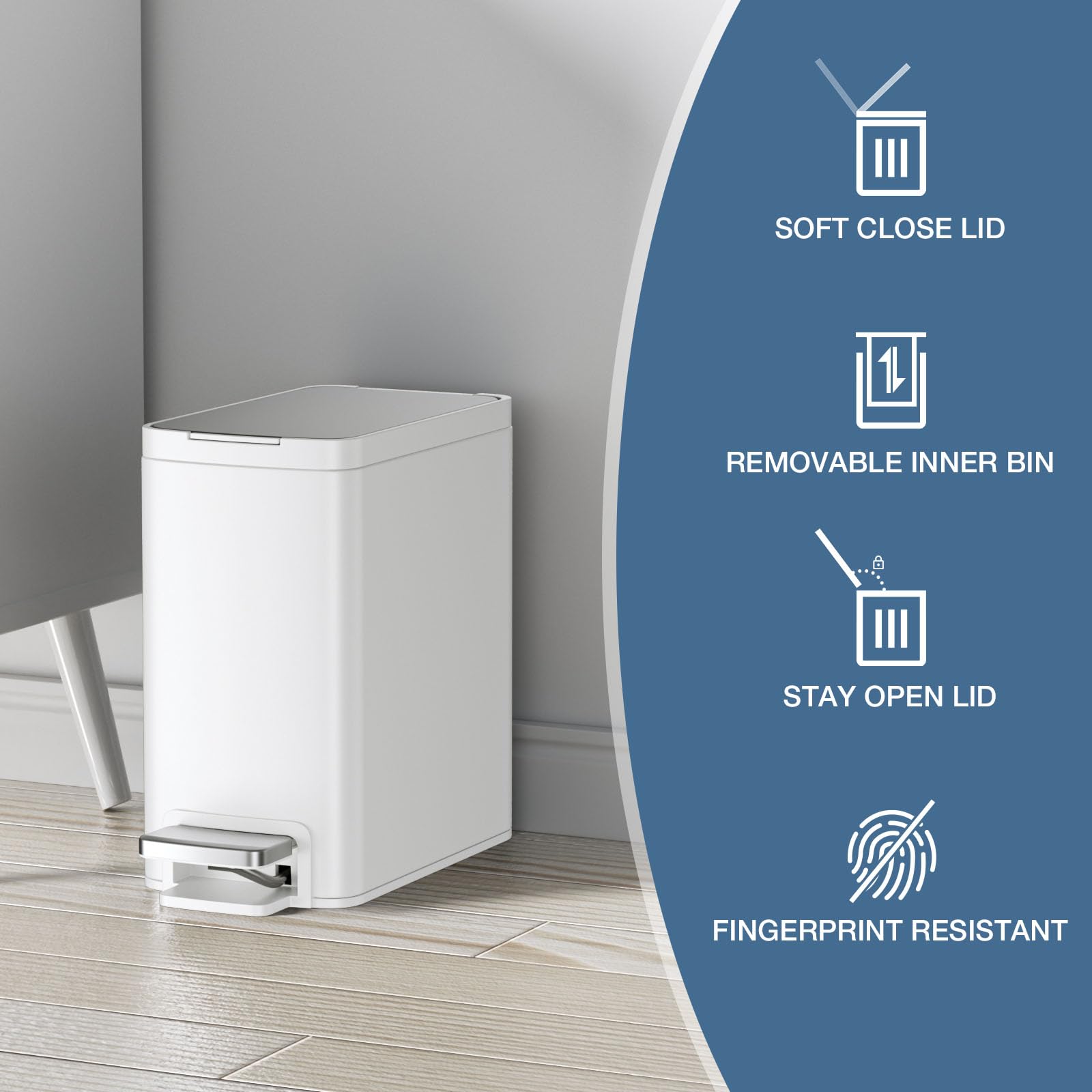 Bscann Bathroom Trash Can with Soft Close Lid,6 Liter / 1.6 Gallon Stainless Steel Step Garbage Can with Removable Bin,White Trash Can for Bathroom,Bedroom,Office(White)