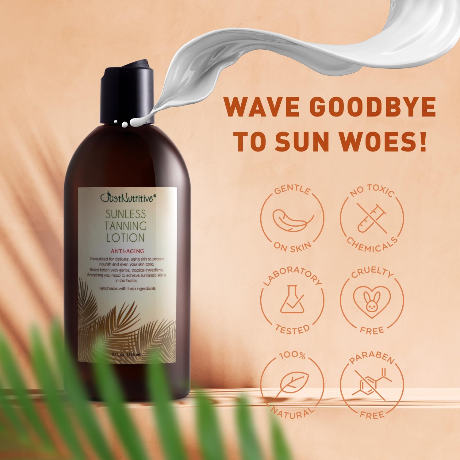 Sunless Tanning Lotion | Anti-Aging Self-Tanner | Body Tanning | Sun Kiss Glow Bronze Finish | Bronzer Lotion For All Skin Types | Just Nutritive | 8 Oz