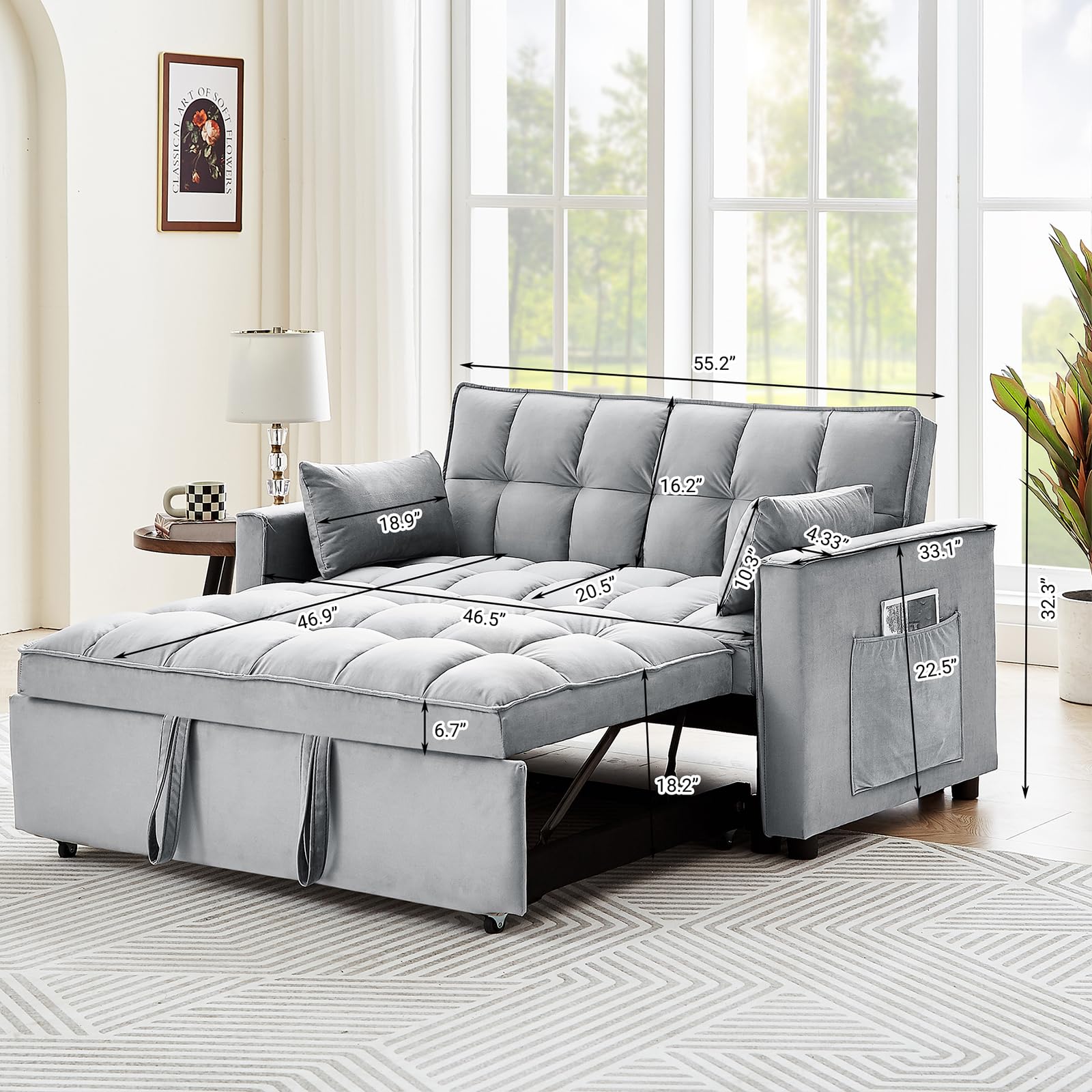 CALABASH 3 in 1 Sleeper Sofa Couch Bed, Small Tufted Velvet Convertible Loveseat Futon Sofa w/Pullout Bed, Adjustable Backrest, Pillows, Multi-Pockets for Living Room Apartment