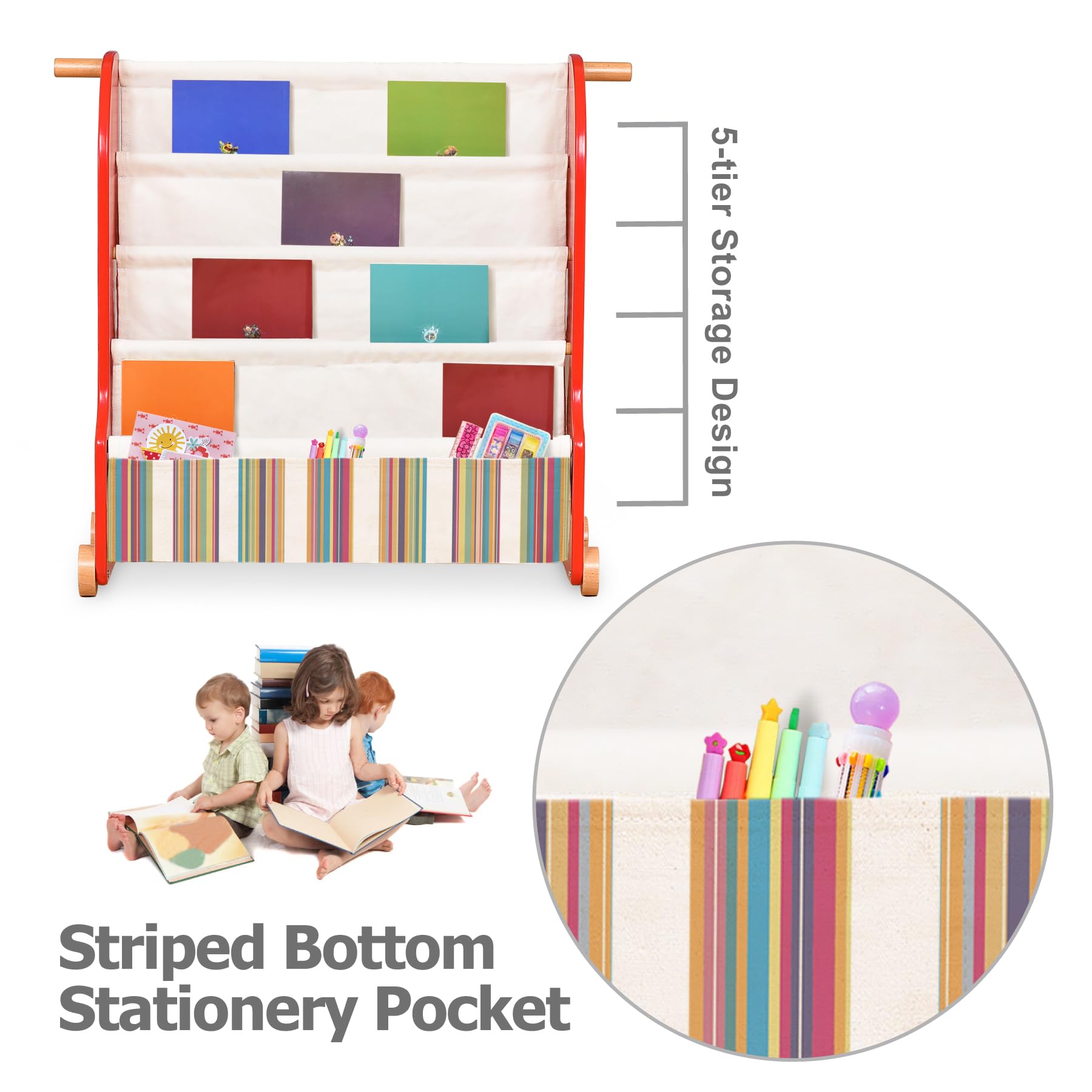 Bolocon Kids Car-Shaped 5-Tier Sling Book Rack Features Two Top Handles for Toddler Boys and Girls Gift,Storage Bookcase Bookshelf Organizer with Deep Canvas Sleeves (Racing Red)