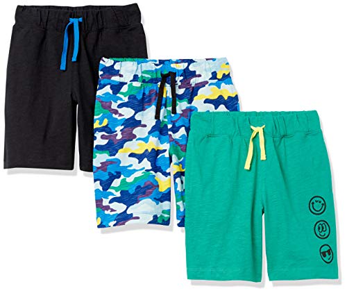 Amazon Essentials Boys' Knit Jersey Play Shorts (Previously Spotted Zebra), Pack of 3, Black/Blue/Green, Camo/Emoji, Medium