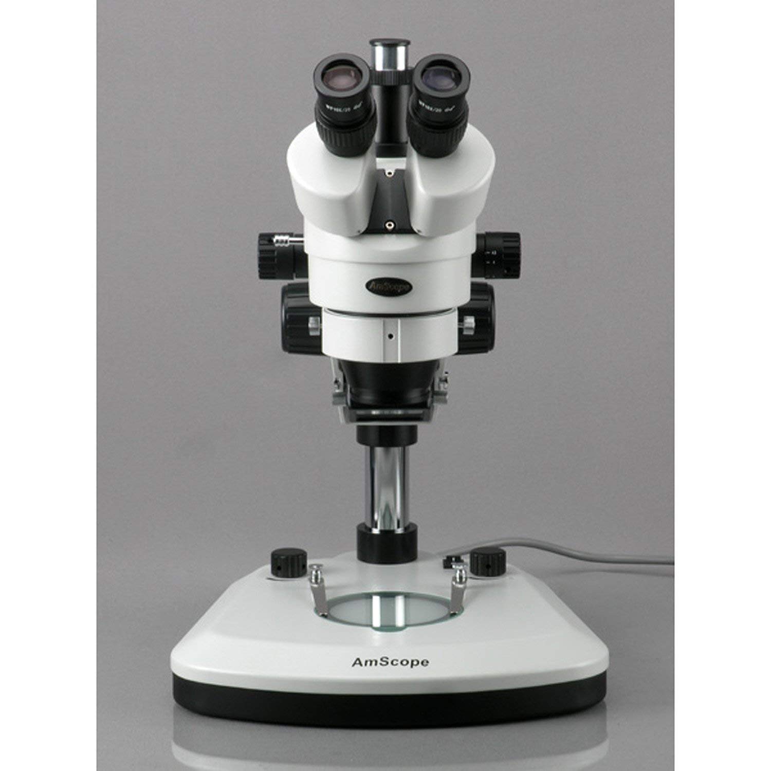 AmScope SM-1TZ-PL Professional Trinocular Stereo Zoom Microscope, WH10x Eyepieces, 3.5X-90X Magnification, 0.7X-4.5X Zoom Objective, Upper and Lower LED Lighting, Large Pillar-Style Table Stand, Includes 0.5X and 2.0X Barlow Lenses