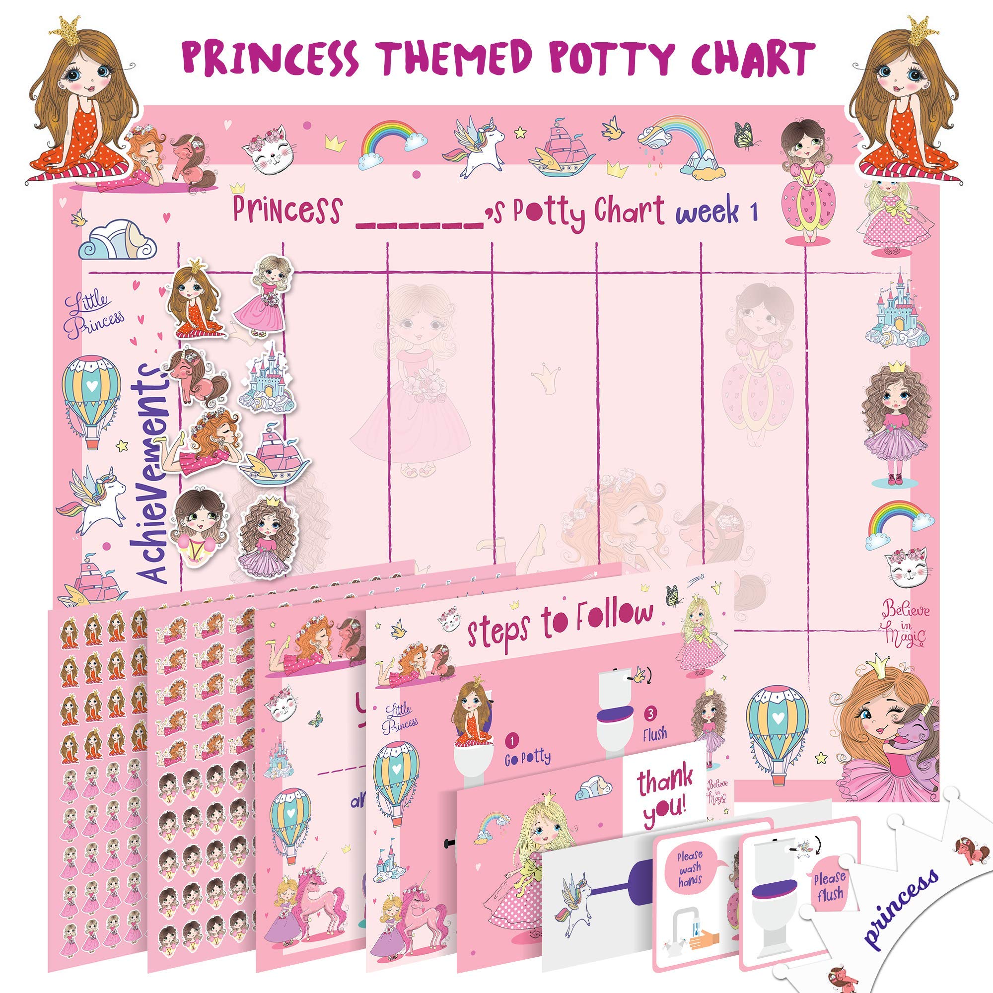 ATHENA FUTURES Potty Training Timer Watch with Flashing Lights and Music Tones Unicorn Pattern and Potty Training Chart for Toddlers - Princess Design - Sticker Chart, 4 Week Reward Chart