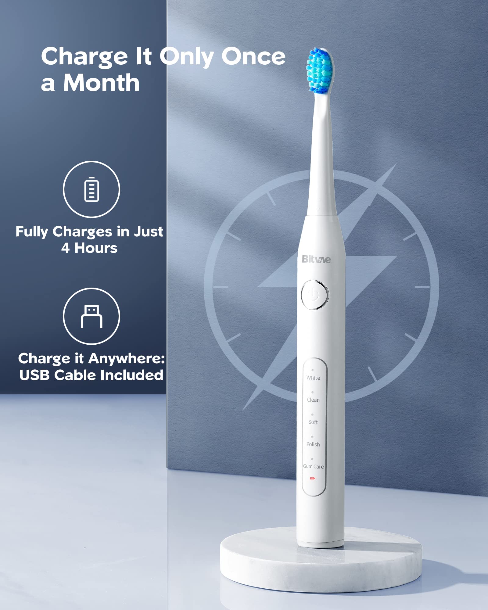 Bitvae Sonic Electric Toothbrush Electronic Toothbrush for Adults with 8 &4 Brush Heads, Travel Rechargeable Power Toothrush for 30 Days Using, Ultrasonic Toothbrush with 5 Modes and Timer (White)
