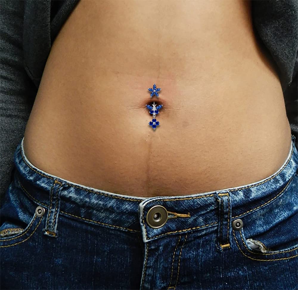 AtoZ Piercing Black CZ Stone Butterfly with Flower Dangling 925 Sterling Silver Double Side Belly Button Ring Jewelry