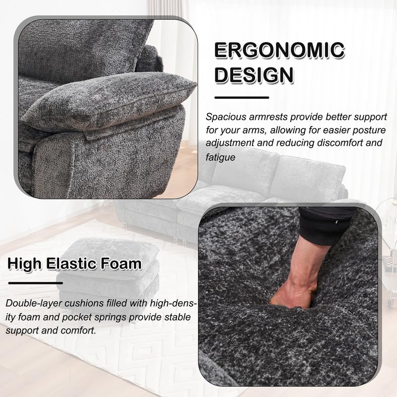 AZSJML 101'' Sectional Cloud Sofa Couch, Chenille L-Shaped Deep Seat Modular Sofa Couch for Living Room, Modern Upholstered 3-Seat Sofa with Ottoman, Comfy Oversized Couch for Apartment, Grey-1
