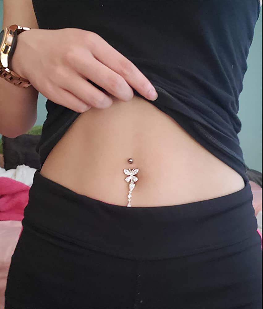 AtoZ Piercing Light Blue Crystal Stone Fancy Butterfly Dangling 925 Sterling Silver with Stainless Steel Belly Button Rings
