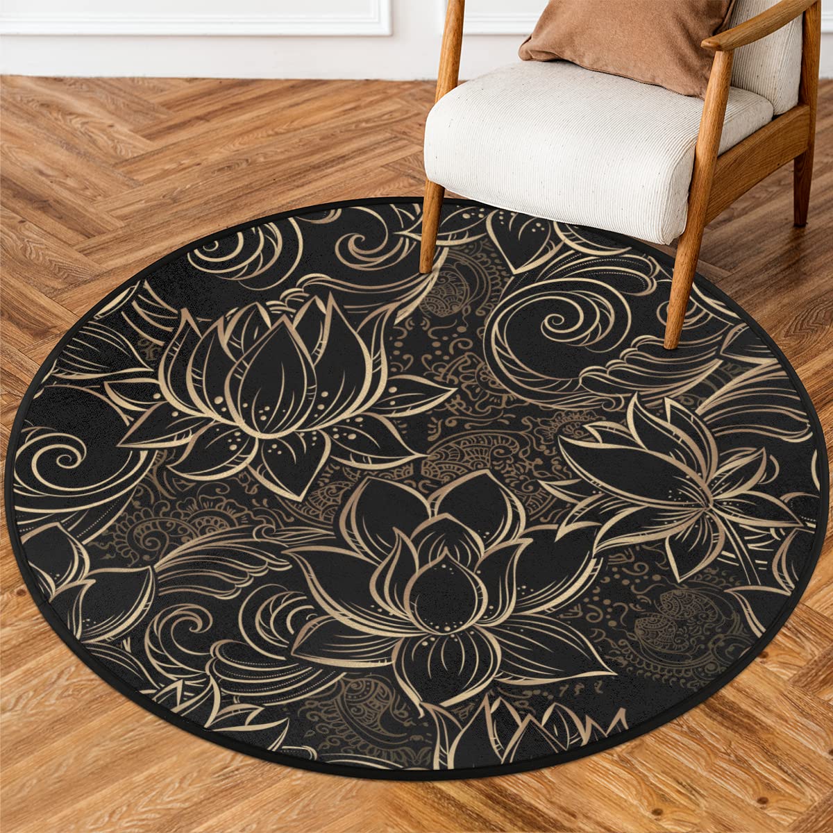 Luxurious Lotus Flower Round Rug 5.2Ft Black Non Slip Round Area Rug for Bedroom Living Room, Soft Throw Rugs Play Rug Circular Area Rugs Circle Playhouse Carpet