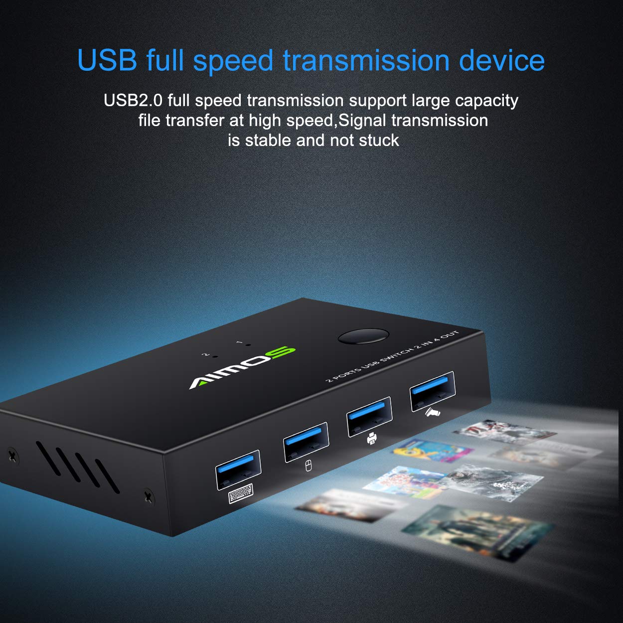 AIMOS USB Switch Selector 2 Port, USB KVM Switcher 2 Computers Sharing 4 USB Devices One-Button Swapping, for Share Mouse, Keyboard, Printer, Scanner, with 2 USB Cables