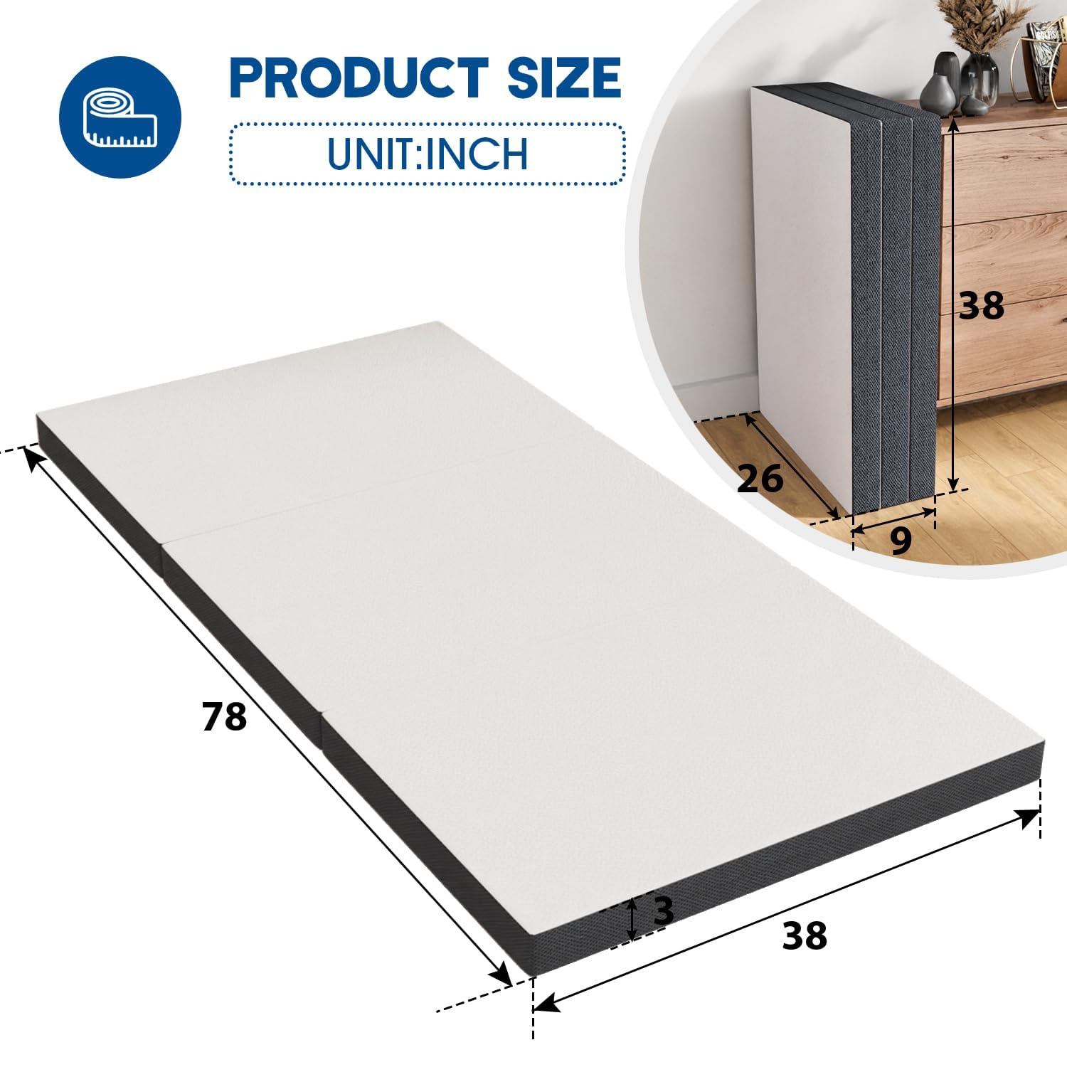Capacmkseh 3/4 inch Tri Fold Folding Mattress with Cover, Cooling Gel Memory Foam Mattress for a Cool Sleep & Pressure Relief, Medium Firm Mattress Pad Mattresses, Bed in a Box, CertiPUR-US Certified