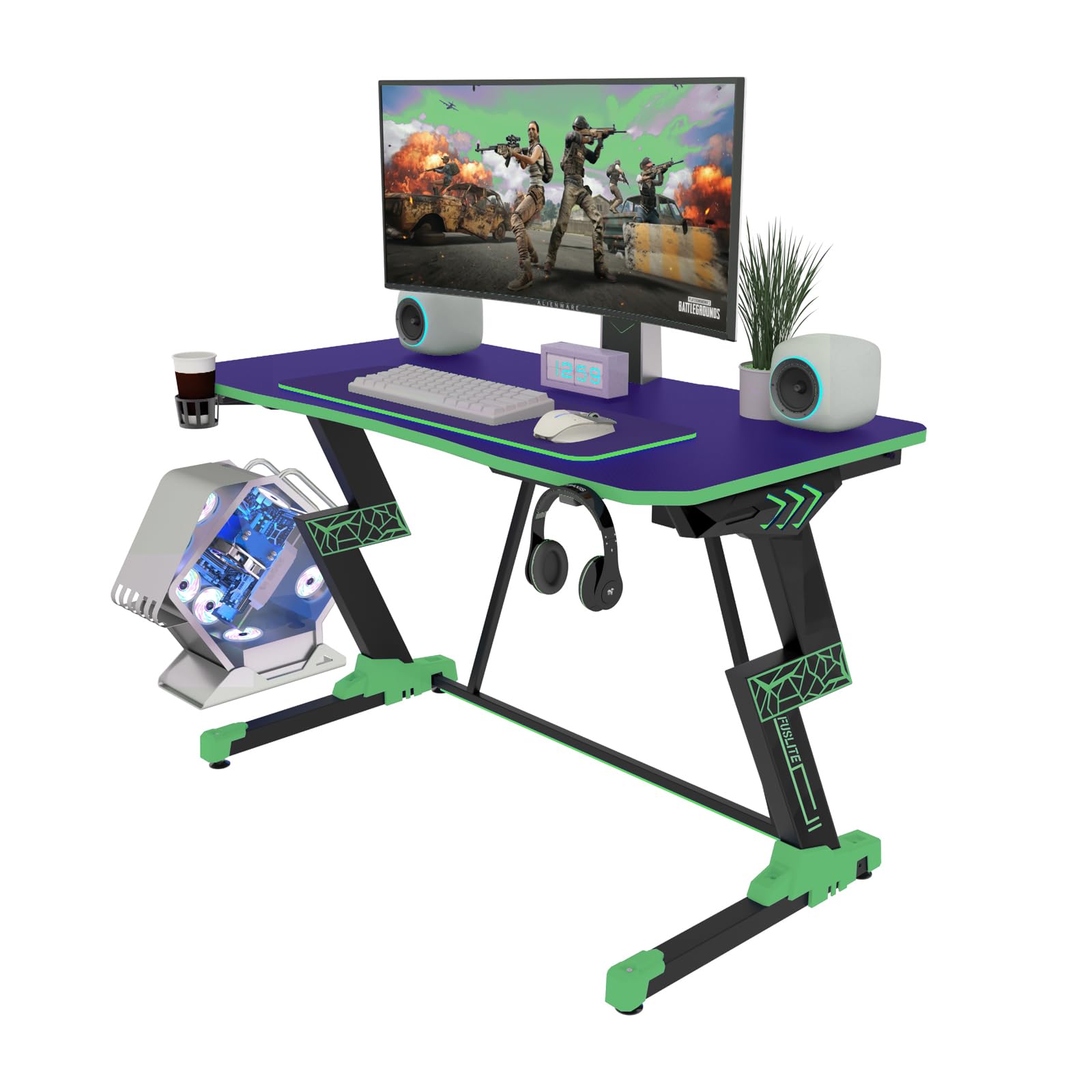 FUSLITE 63 Inch Gaming Desk, with Carbon Fiber Surface, Lightning-Shaped PC Computer Table, with Headphone Holder, Cup Holder, Cable Management Box, Gaming Table for Gamer, Black&Pink