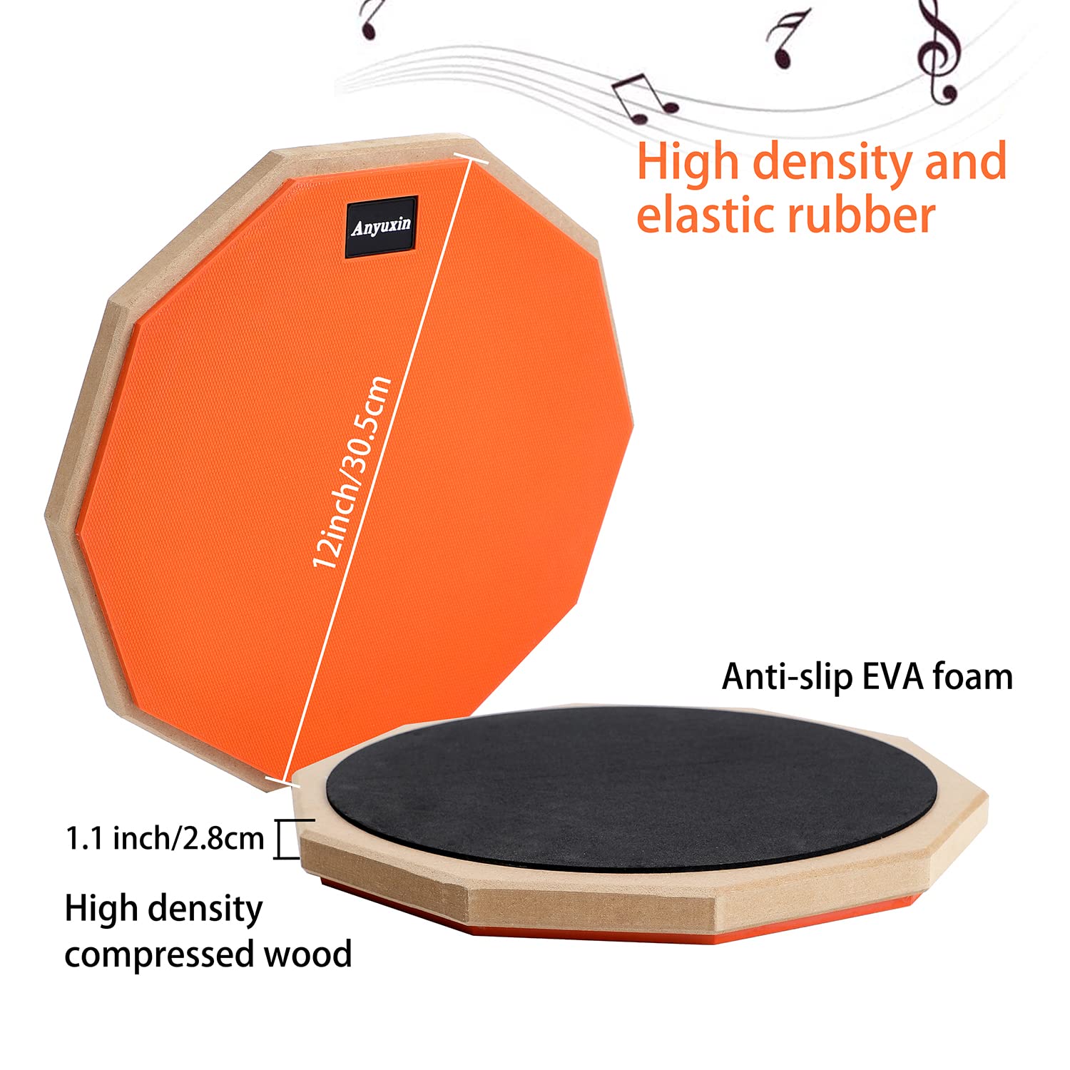 Anyuxin Drum Practice Pad Snare Drum Stand Set, 12 Inch Double Sided Silent Practice Pad with Drum Sticks, Drumstick Holder, Carrying Bag, Adjustable Stand(Fits 10''-14'' Drums) Orange