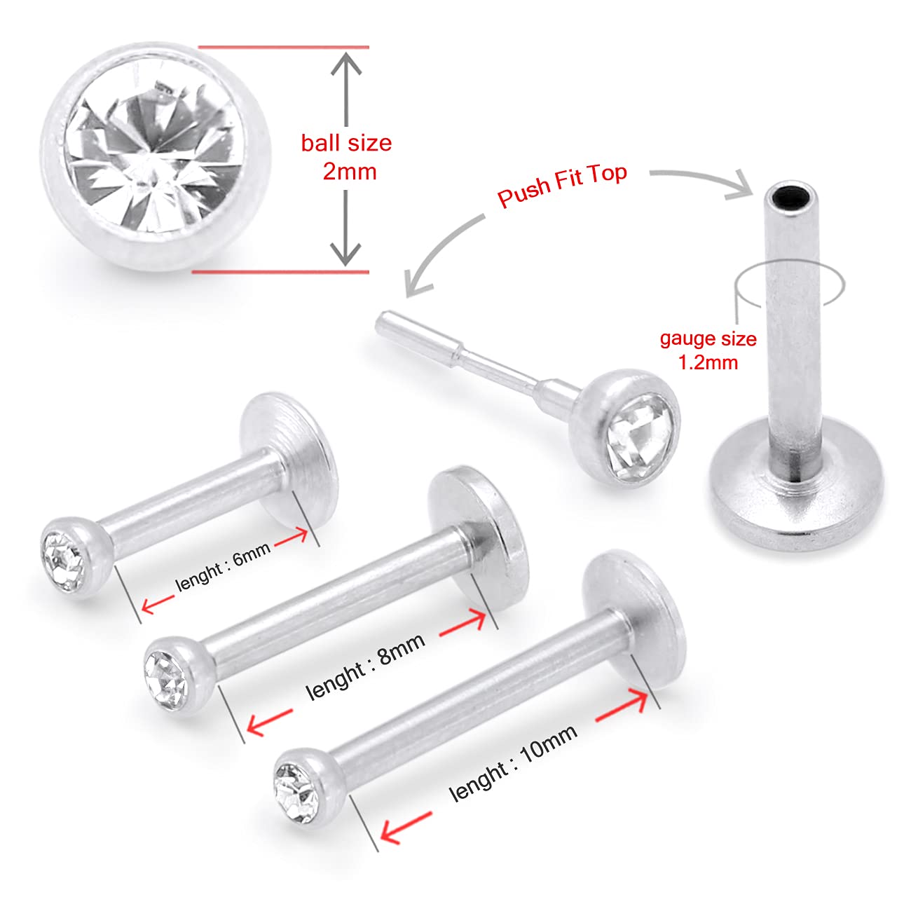 AtoZ Piercing Rainbow Crystal Stone Push-Fit Ball with 16 Gauge - 6MM(1/4") Length Surgical Steel Labret Tragus Bars