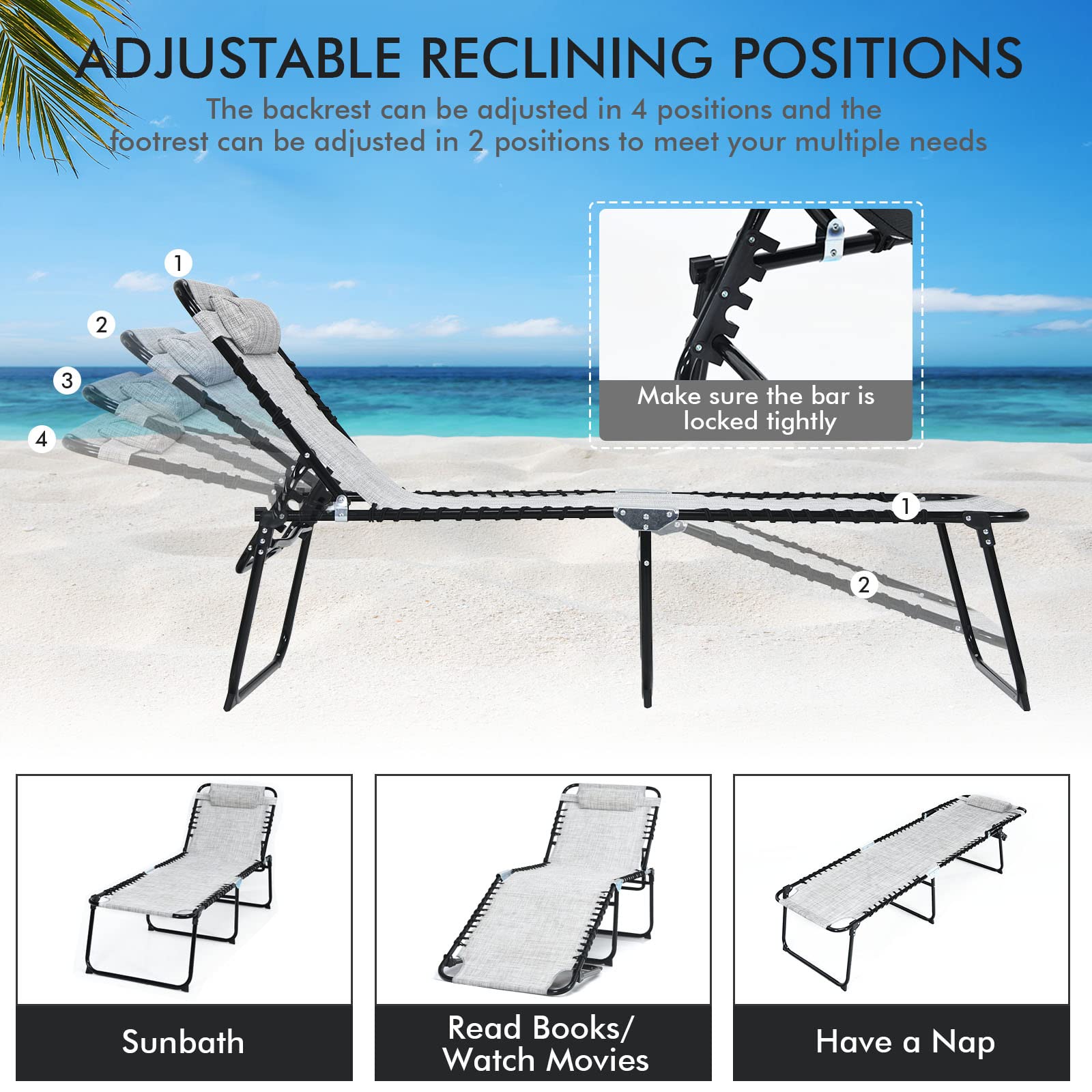 Tangkula Foldable Beach Lounge Chair for Outside, Sunbathing Chair with Removable Headrest, 4-Position Adjustable Backrest, Portable Tanning Chaise Lounger for Yard, Patio, Beach, Camping (1, Grey)