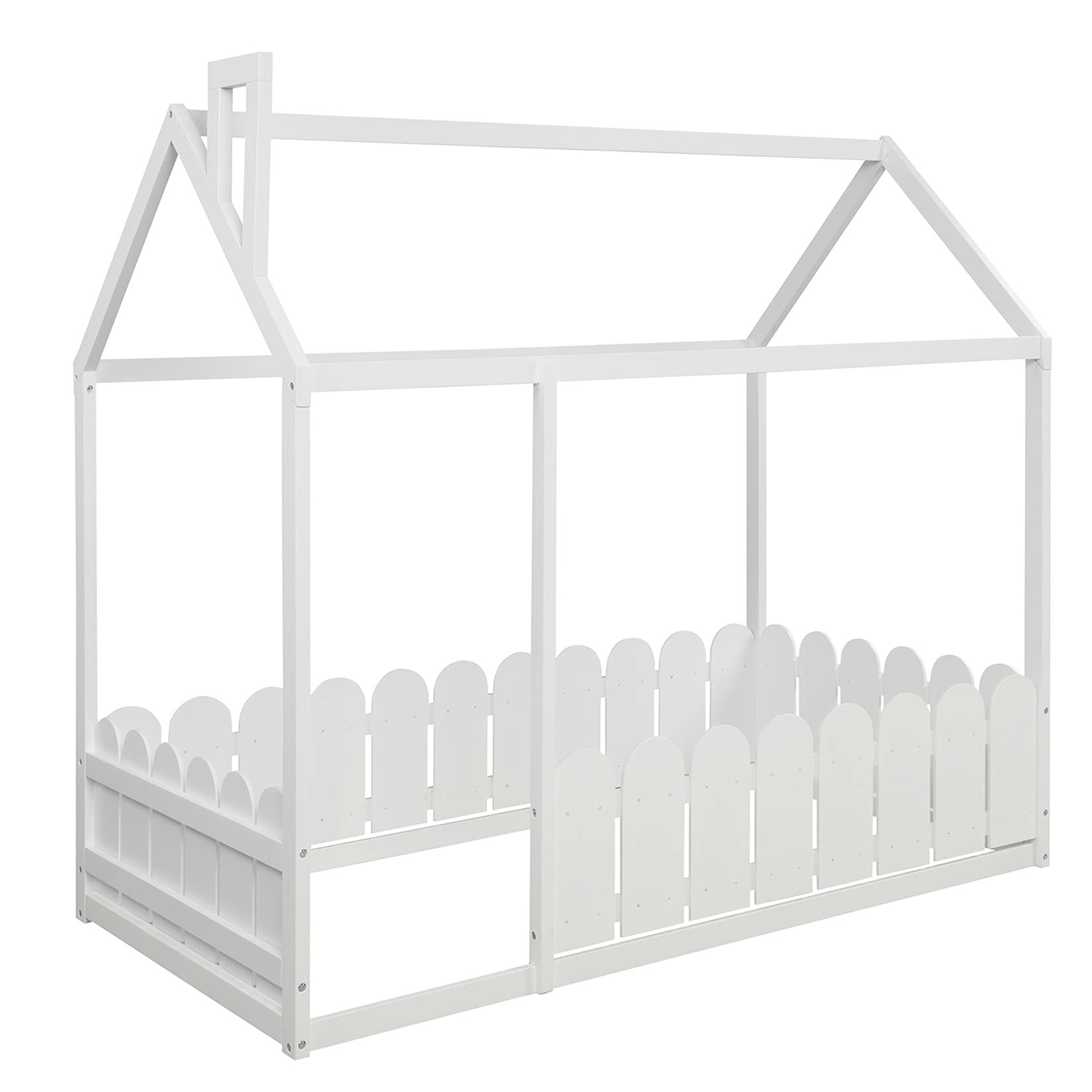 Harper & Bright Designs Kids House Beds, Twin Floor Bed with Fence Wood Cabin Bed Frame Can be Decorated for Kids, Teens, Girls, Boys, White