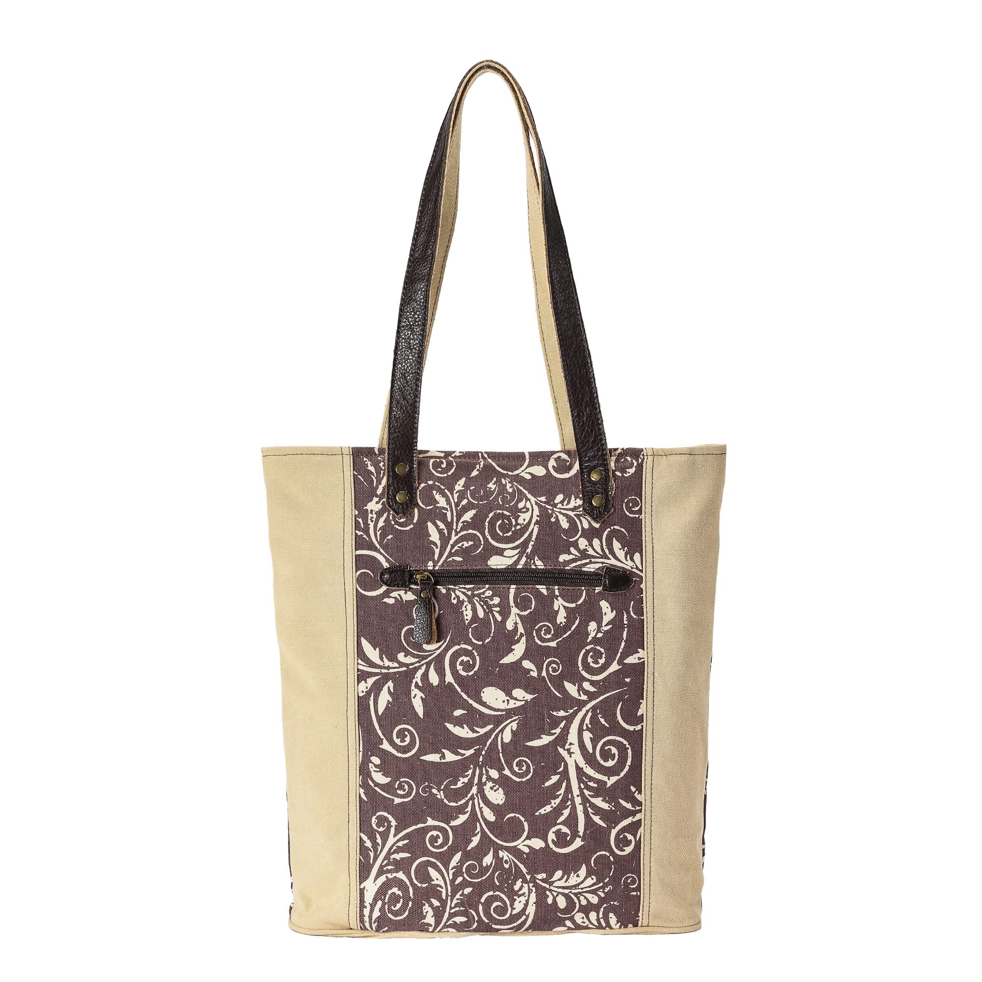 ANNGOTI Canvas & Cowhide Tote Bag for Women, Vintage Style Handmade Print Handbag with Zipper Top & Internal Pockets