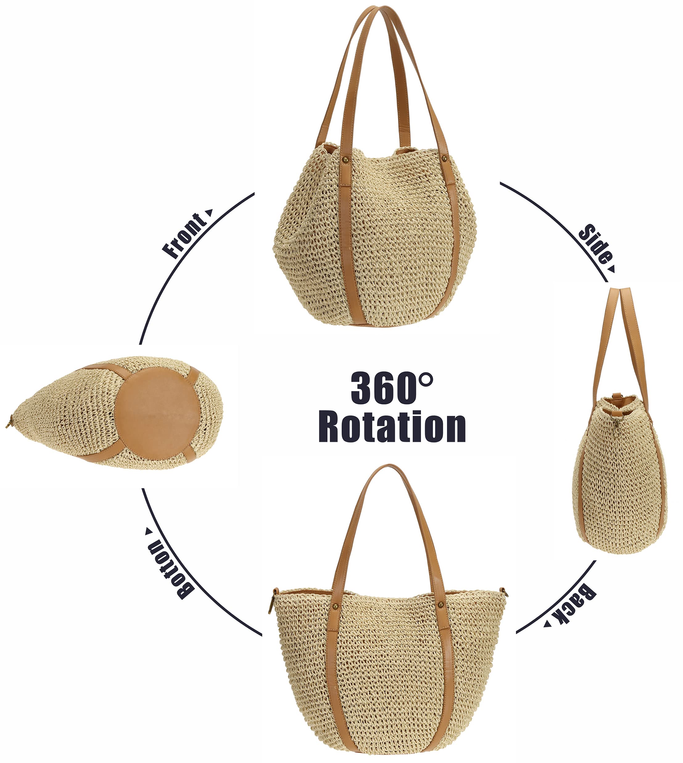 IN.RHAN Women's Handbag Large Straw Handmade Rattan Multi-functionWeave Shoulder Bag Beige